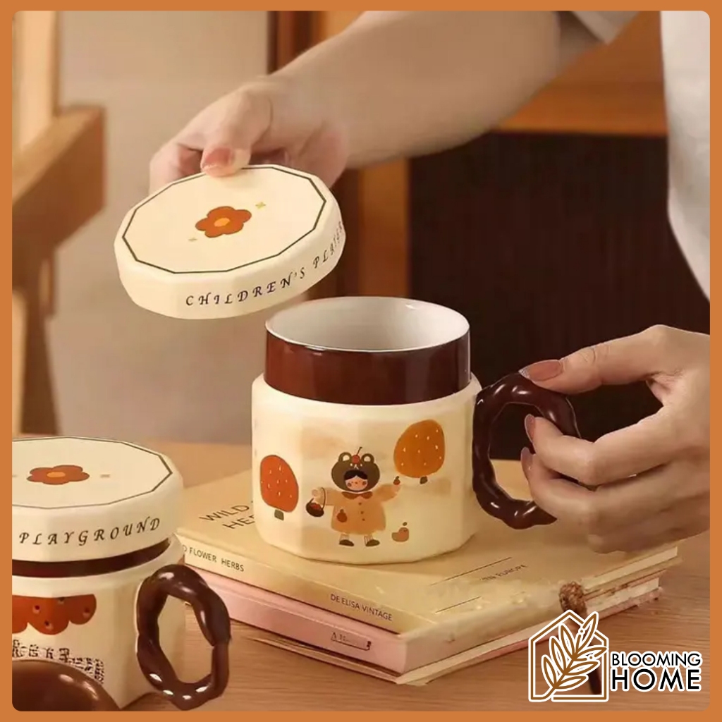 Cute Harmony Ceramic Mug with Lid - Retro Style Children's Playground Coffee Cup Stackable ...