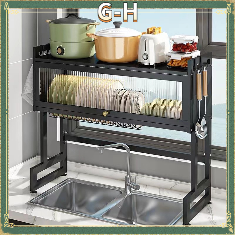 Kitchen Dish Cabinet 2 Layer Rack Metal Dish Rack Drain rack With Cover ...