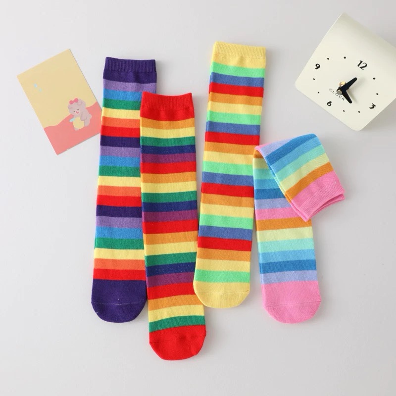 Kids 6-12 Years Old Girls Colorful Rainbow Stripe High Socks Cotton ...