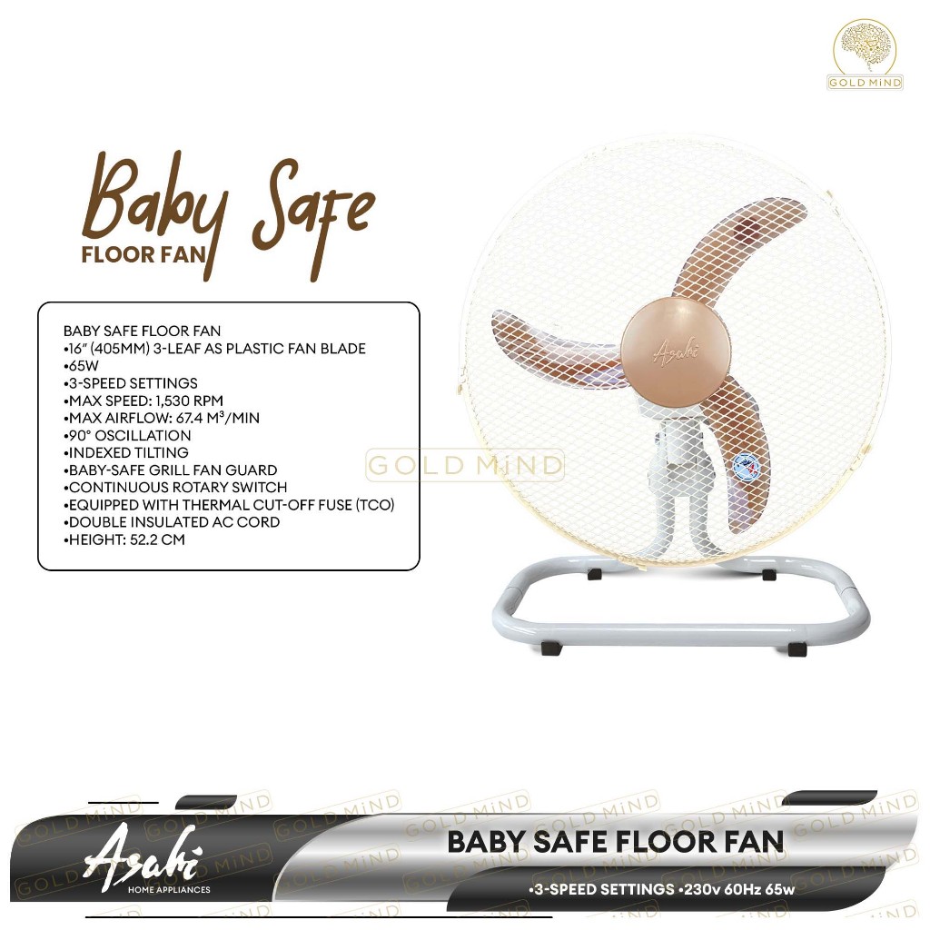 Asahi 16-Inch Baby-Safe Floor Fan With 3-Speed Settings and Oscillation ...
