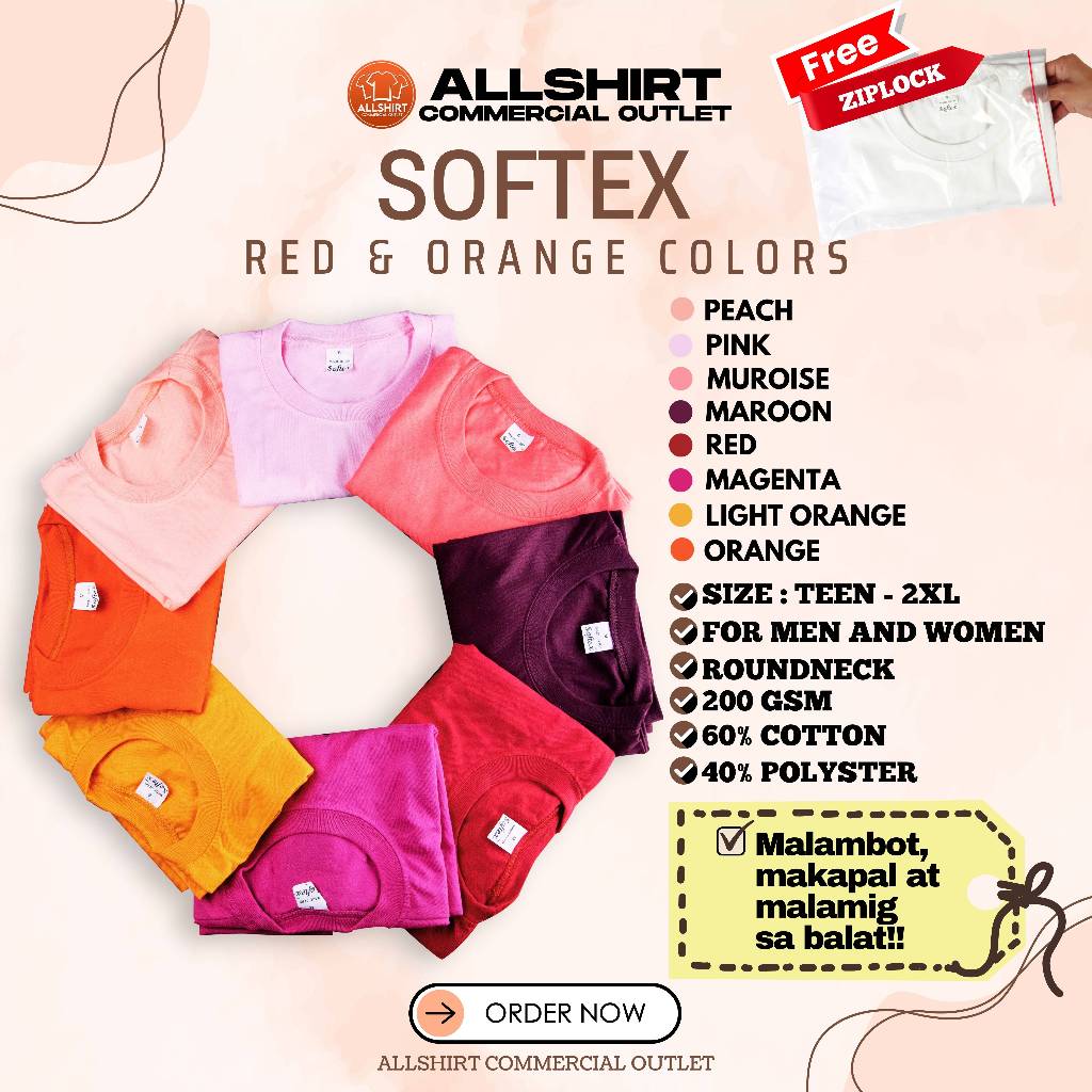 FREE ZIPLOCK! SOFTEX T-Shirt RED Colors Round Neck Plain Shirt Cotton ...