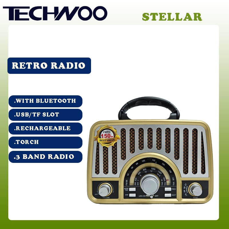 TECHWOO RETRO RADIO WITH BLUETOOTH/USB/TF SLOT/RECHARGEABLE/TORCH/3 ...