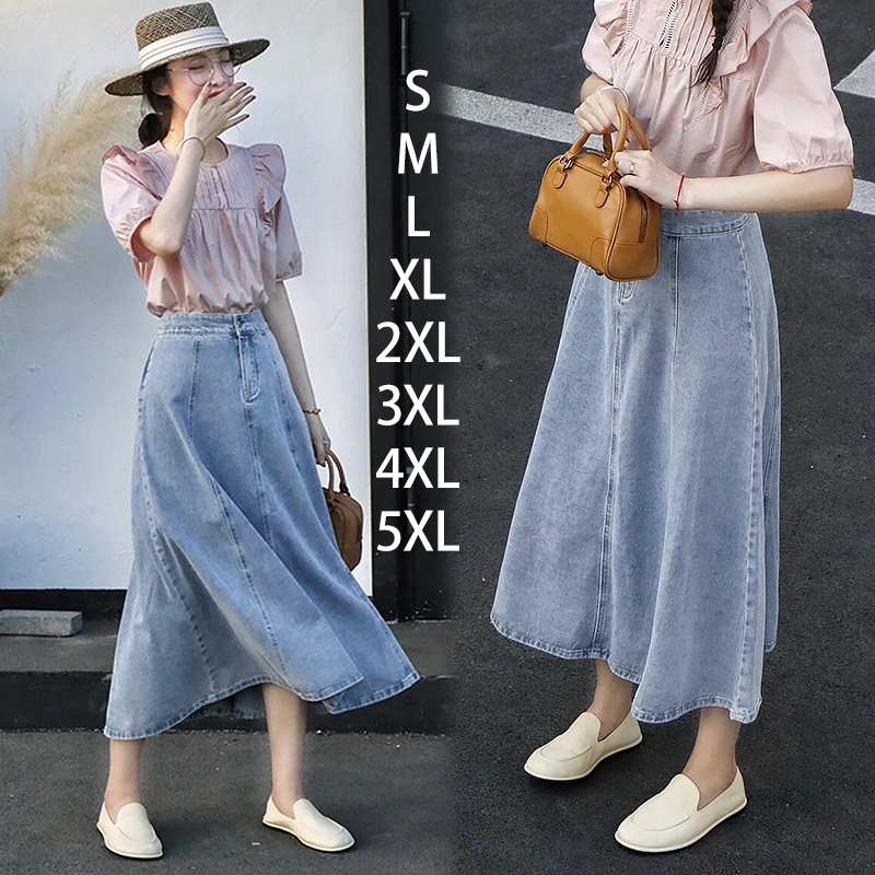 Umbrella denim long skirt for women Plus Size blue high waist midi ...