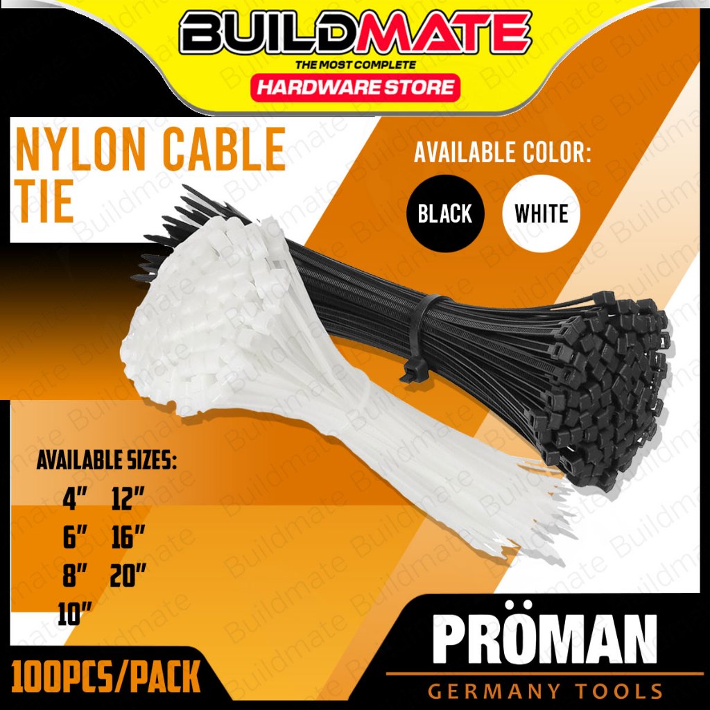 BUILDMATE Proman 100PCS Nylon Cable Ties White / Black 4" - 12" Self ...