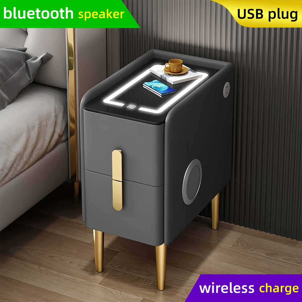 Wood Bedside Table With Drawer Smart Led Wireless Charge Usb Small Bed ...