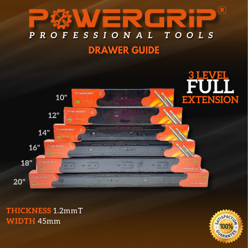 POWERGRIP HEAVY-DUTY DRAWER GUIDE THREE LEVEL FULL EXTENTION 10"12"/14 ...