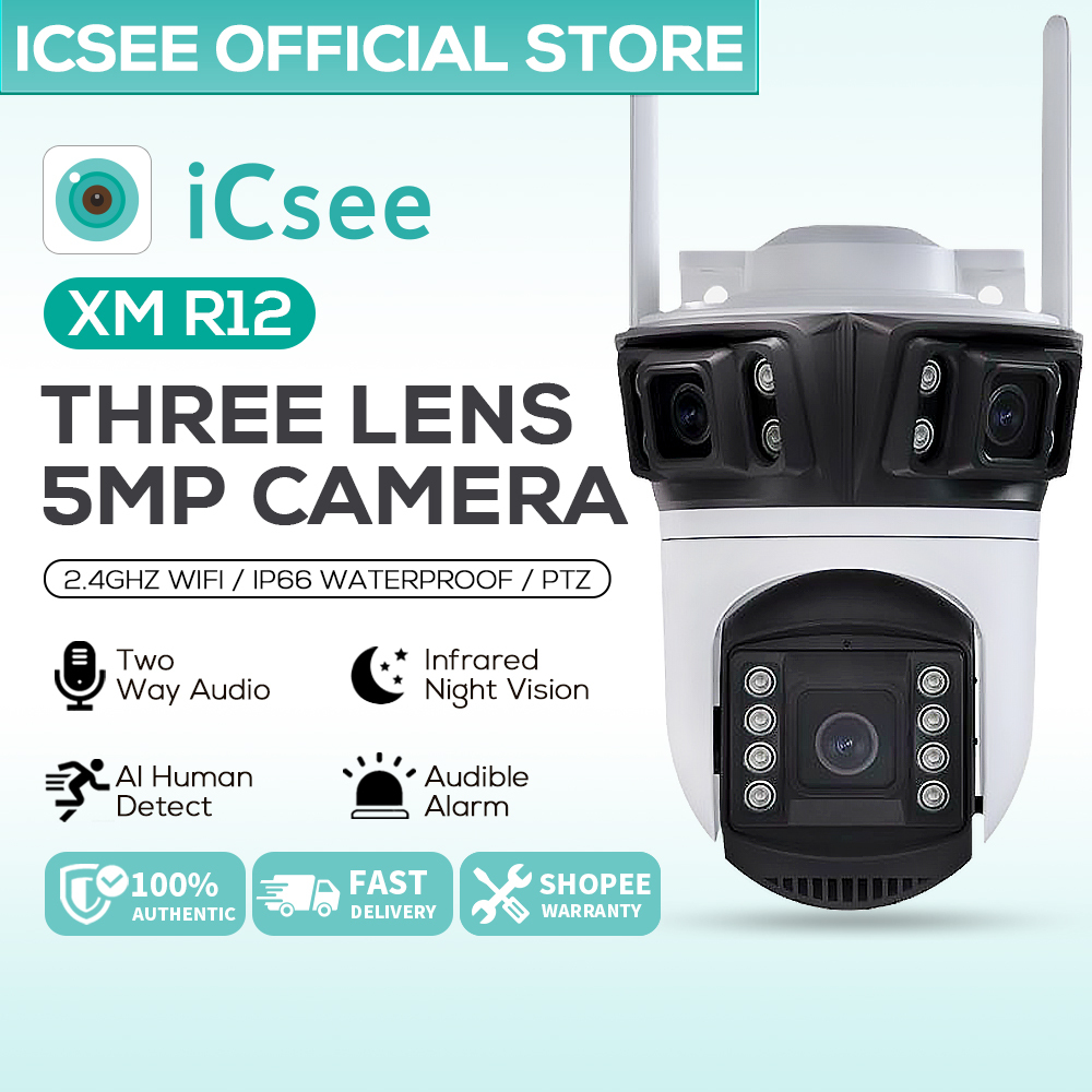 ICSEE XM R12 Three Lens 5MP CCTV Camera PTZ Outdoor Wireless WFl Camera ...