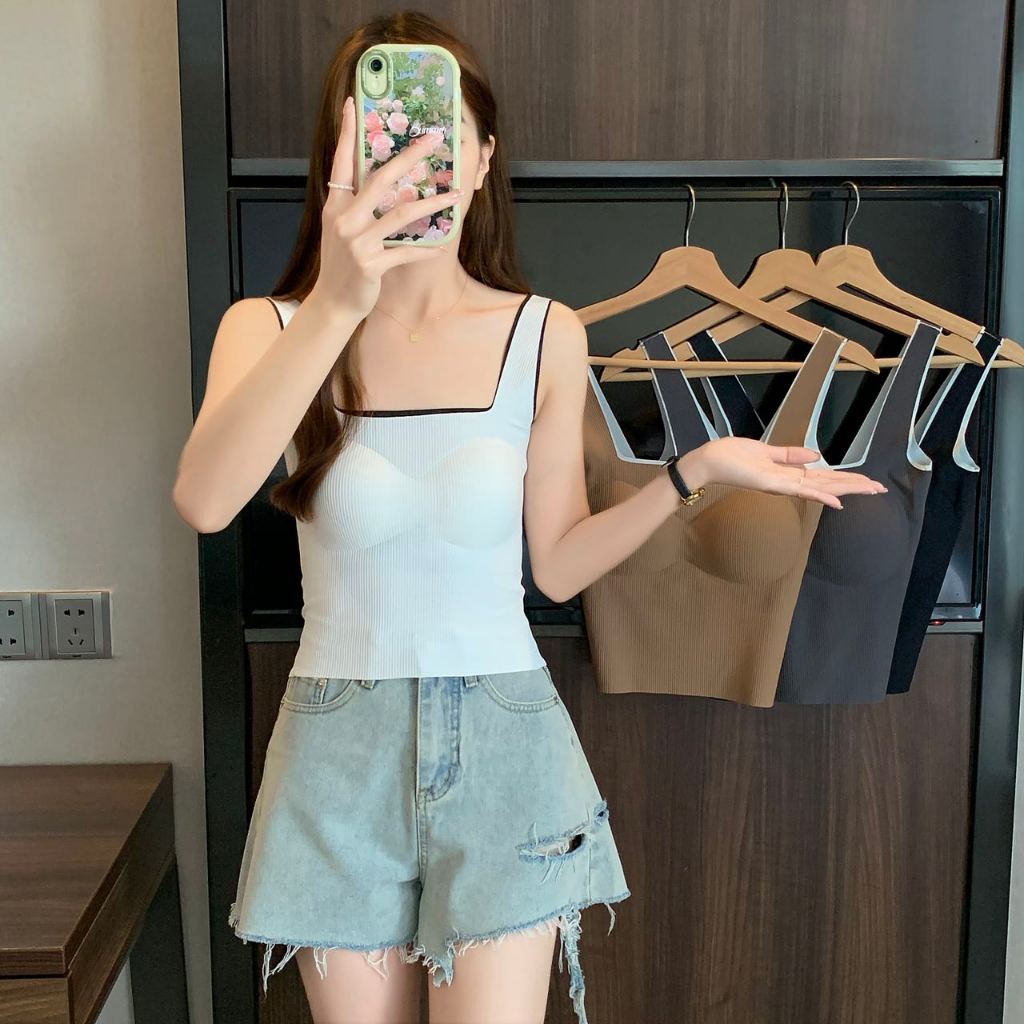Silk Seamless Square Neck Sleeveless Crop Top Sando with Padded ...