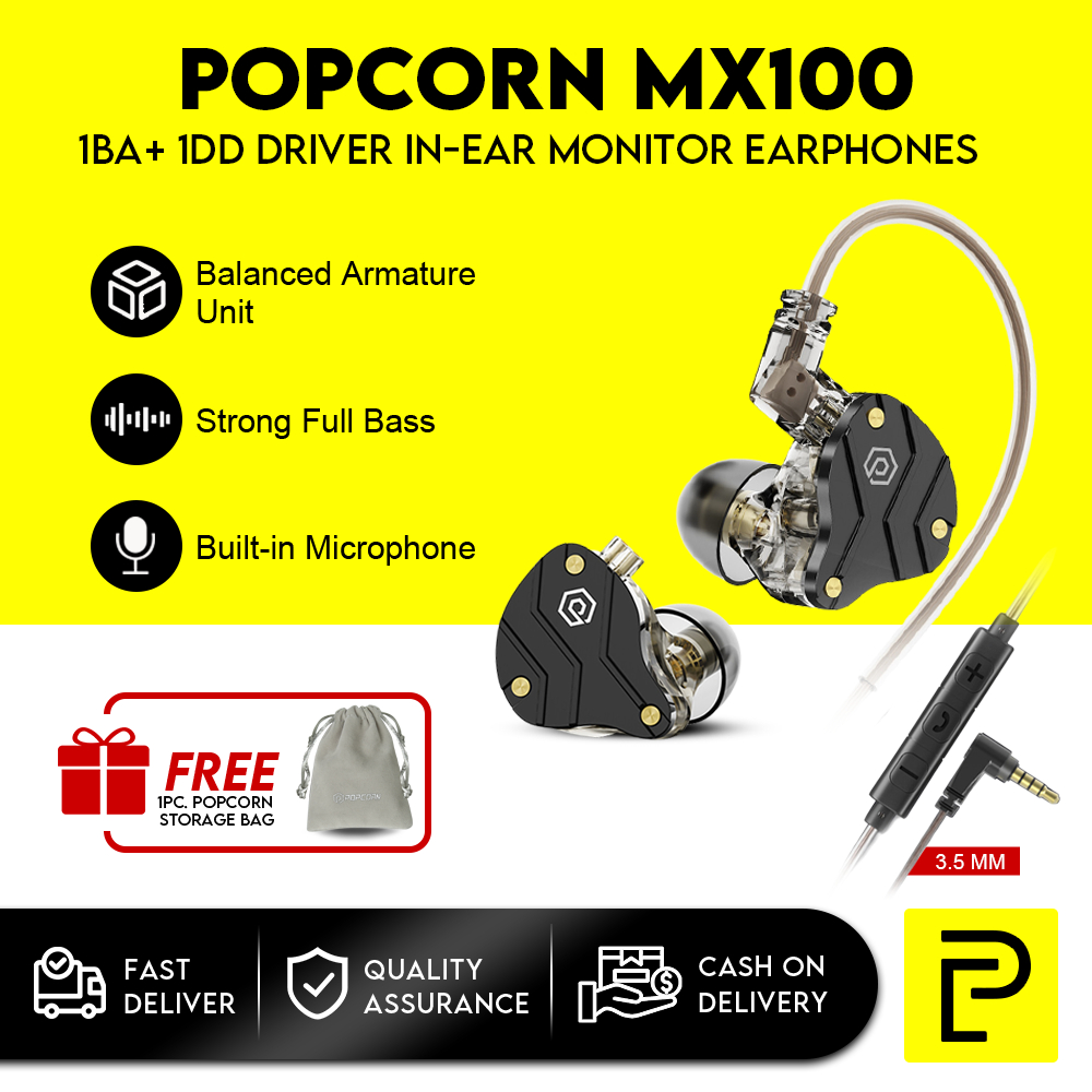 Popcorn MX100 1B+1DD Dual Hybrid Driver In-Ear Monitor Noise Cancelling ...