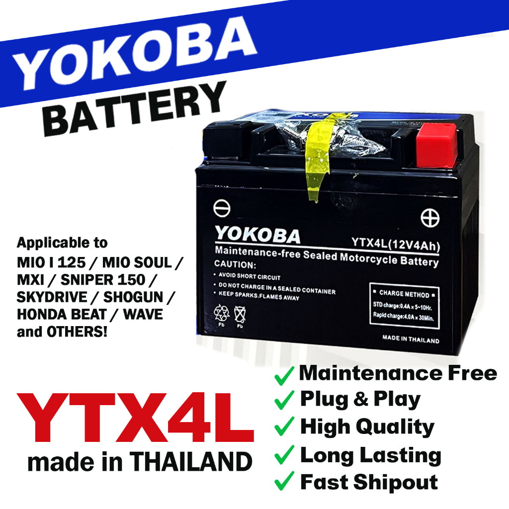 Yokoba YTX4L Motorcycle Battery forYAMAHA MIO I125 SOUL MXI SNIPER 150 ...