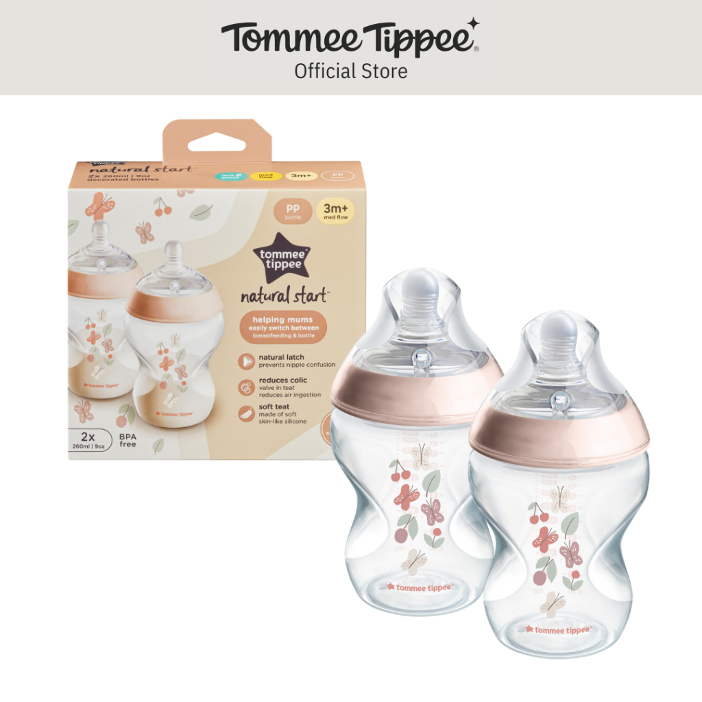Tommee Tippee 260ml Natural Start PP Decor Feeding Bottle 3+ months, Medium Flow Teat, 2-pack ...