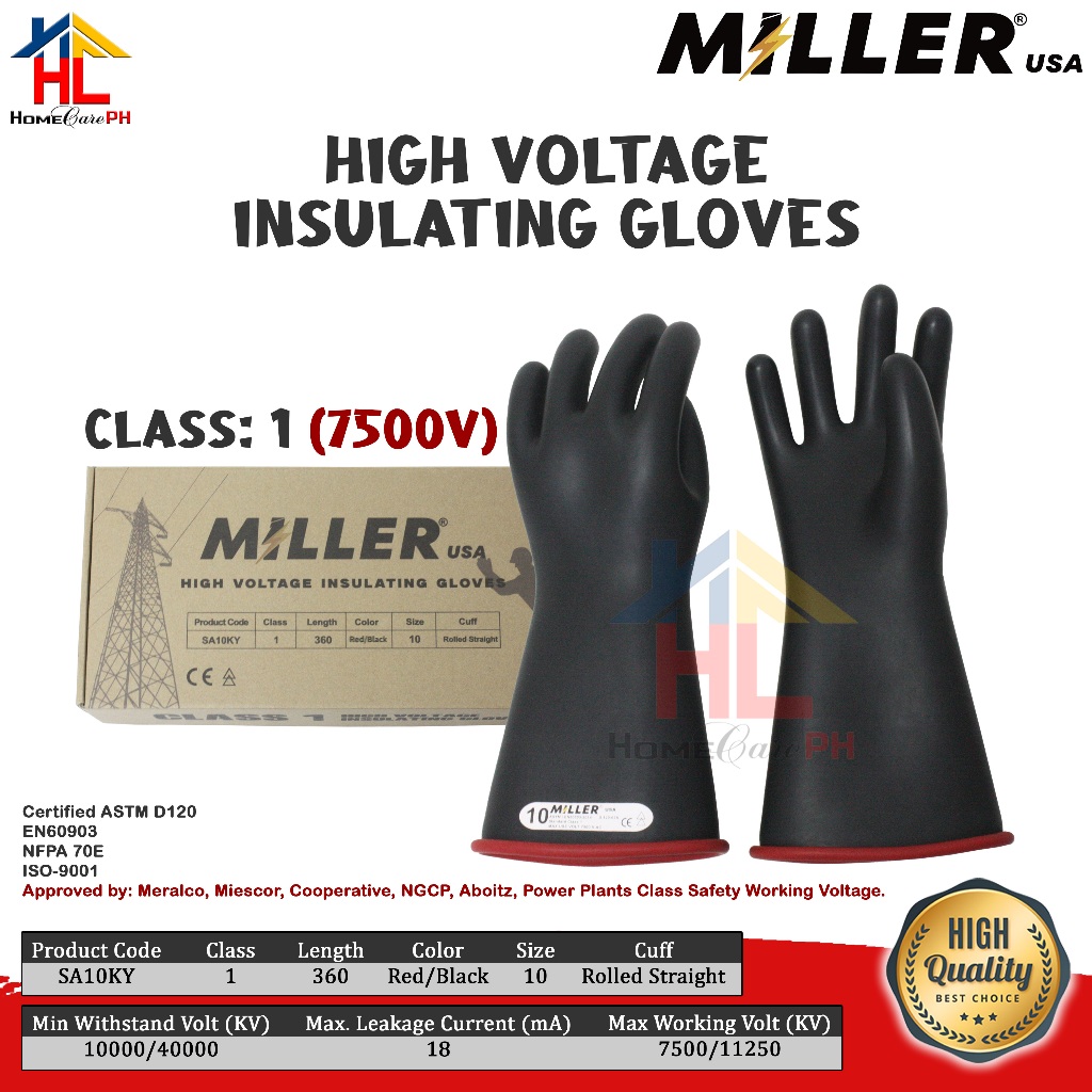 Miller High Voltage Insulating Gloves Class 1 (7500V) | Shopee Philippines