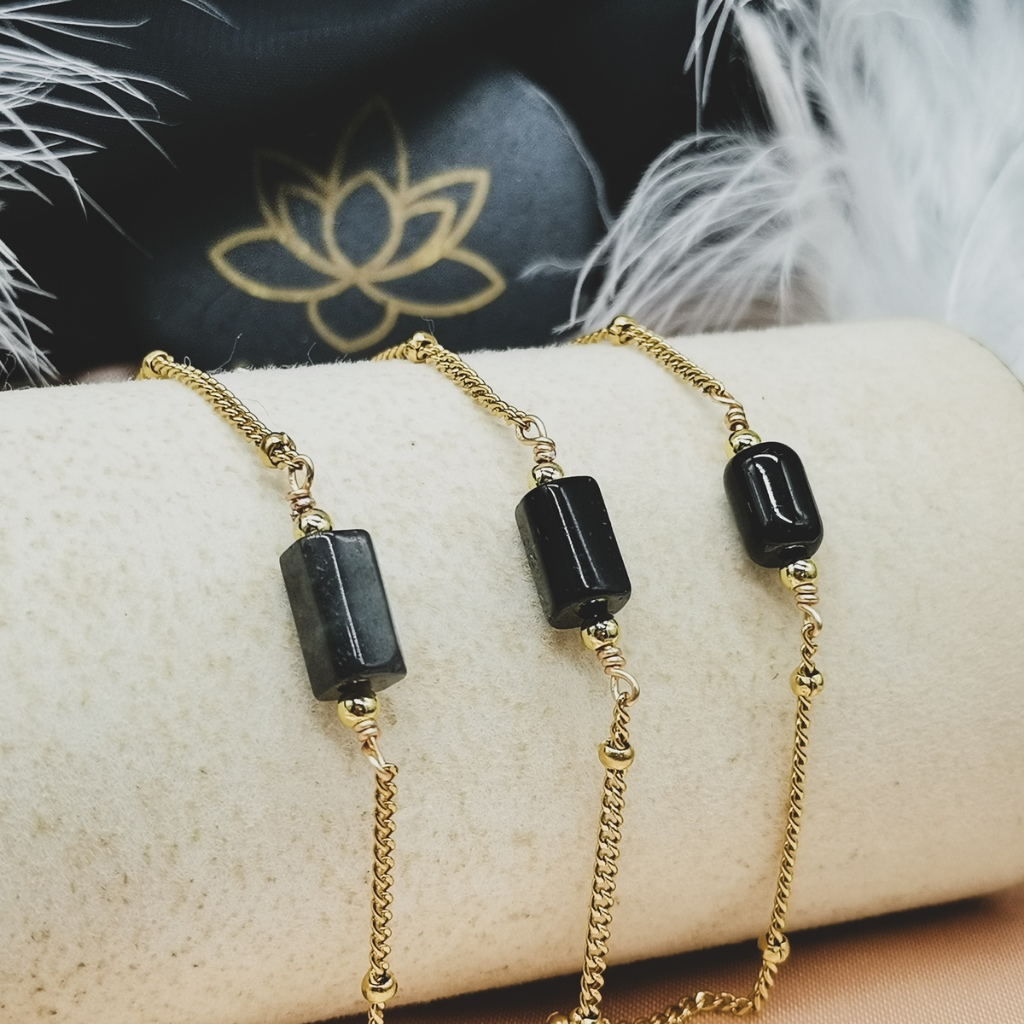 Black Obsidian Bracelet (Minimalist Bracelet) Barrel Gold Silver ...