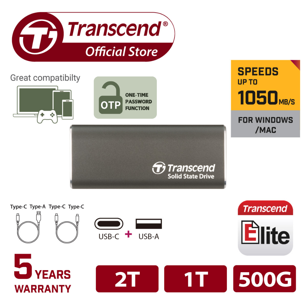 Transcend Portable SSD ESD265C 500GB/1TB/2TB USB 3.1 Gen 2 TypeC Up to ...
