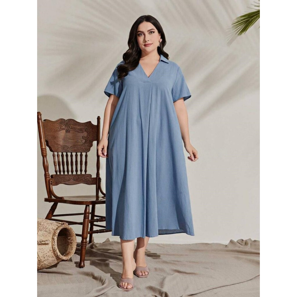 A3378 Plus Chic Collar Neck Solid Plus Size Dress | Shopee Philippines