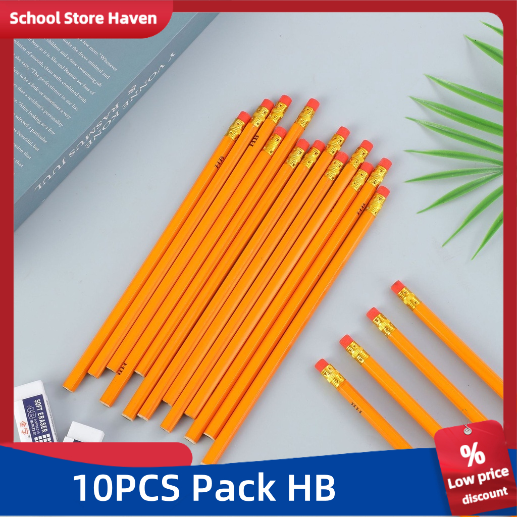 10PCS Pack HB Yellow Pencil With Eraser Black Stuent Pencils Drawing ...