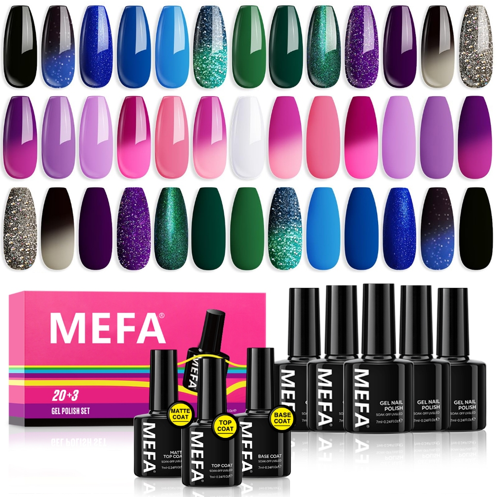 MEFA 23Pcs Gel Nail Polish Set 20 Colors with Glossy&Matte Top Coat ...