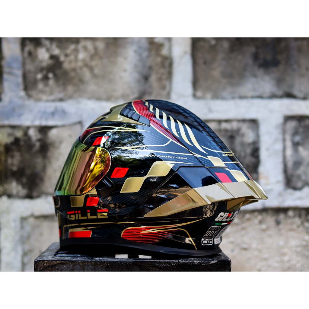 GILLE HELMET CIRCUIT RACER BLACK RED GOLDEN DUAL VISOR WITH FREE CLEAR ...