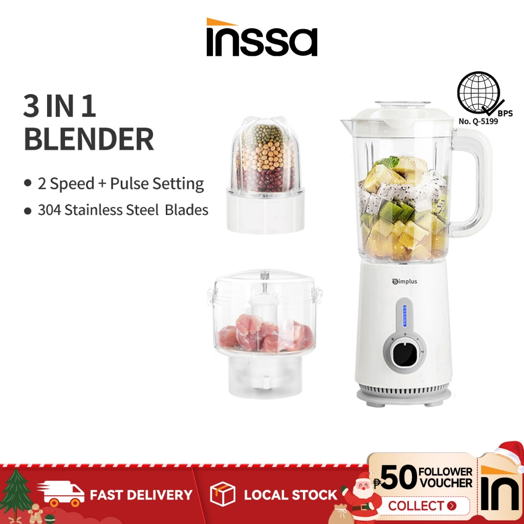 INSSA X Simplus Blender 3 in 1 Food Processor Juicer Meat Grinder 3 Cups(1250ml+500ml+300ml) 2 ...