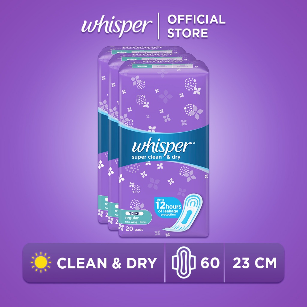 Whisper Super Clean & Dry Regular Flow (23 cm) Non-Wings 60 Sanitary ...