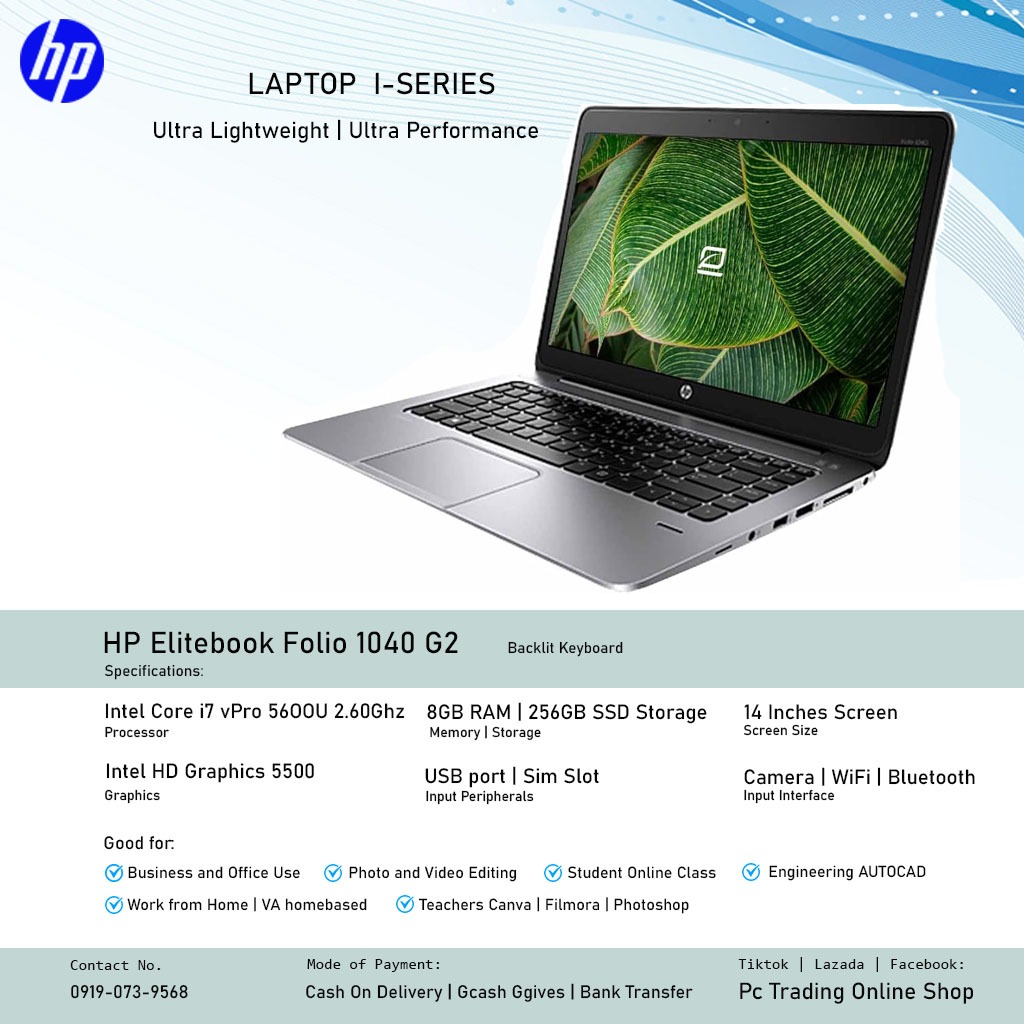HP EliteBook Folio 1040 G2 Intel Core i7 vPro 56OOU 8Gb Ram 256SSD Wifi ...