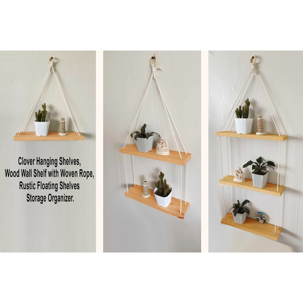 Hanging Shelves, Wood Wall Shelf with Woven Rope, Rustic Floating ...