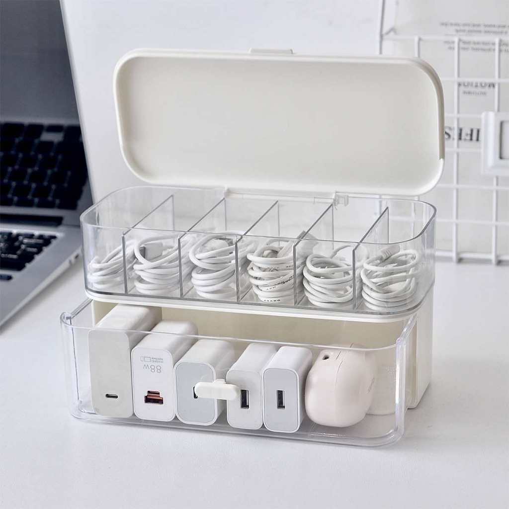 Double Layer 2 in 1 Cable Cord Charger Organizer Drawer Set Flip Box ...