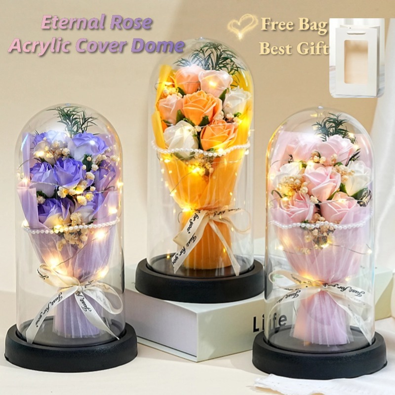 Artificial Rose Flower Acrylic Cover Dome 7Pcs Eternal Rose Flower ...