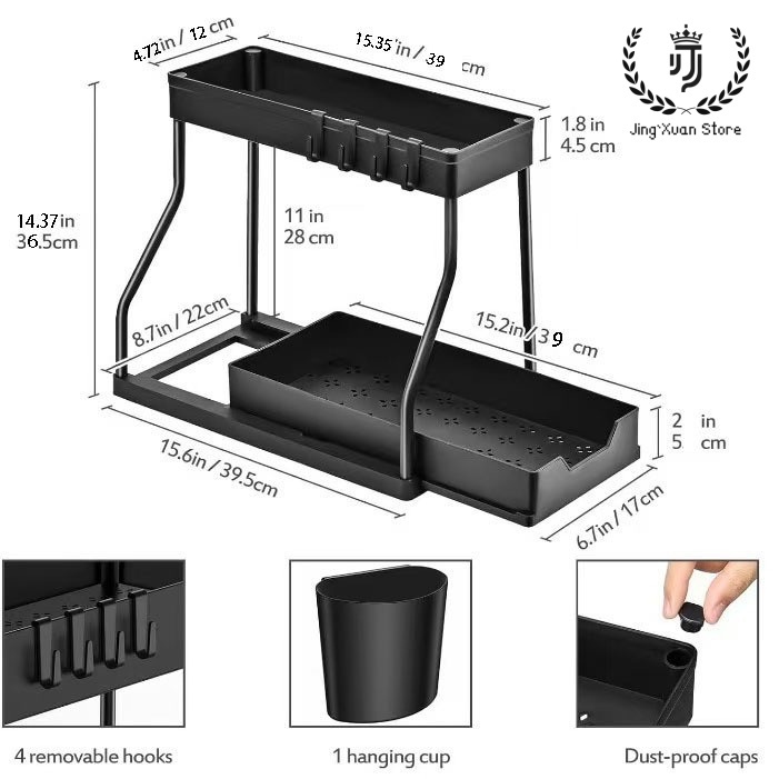 2-story storage rack Black bent pull out kitchen drain rack Seasoning ...