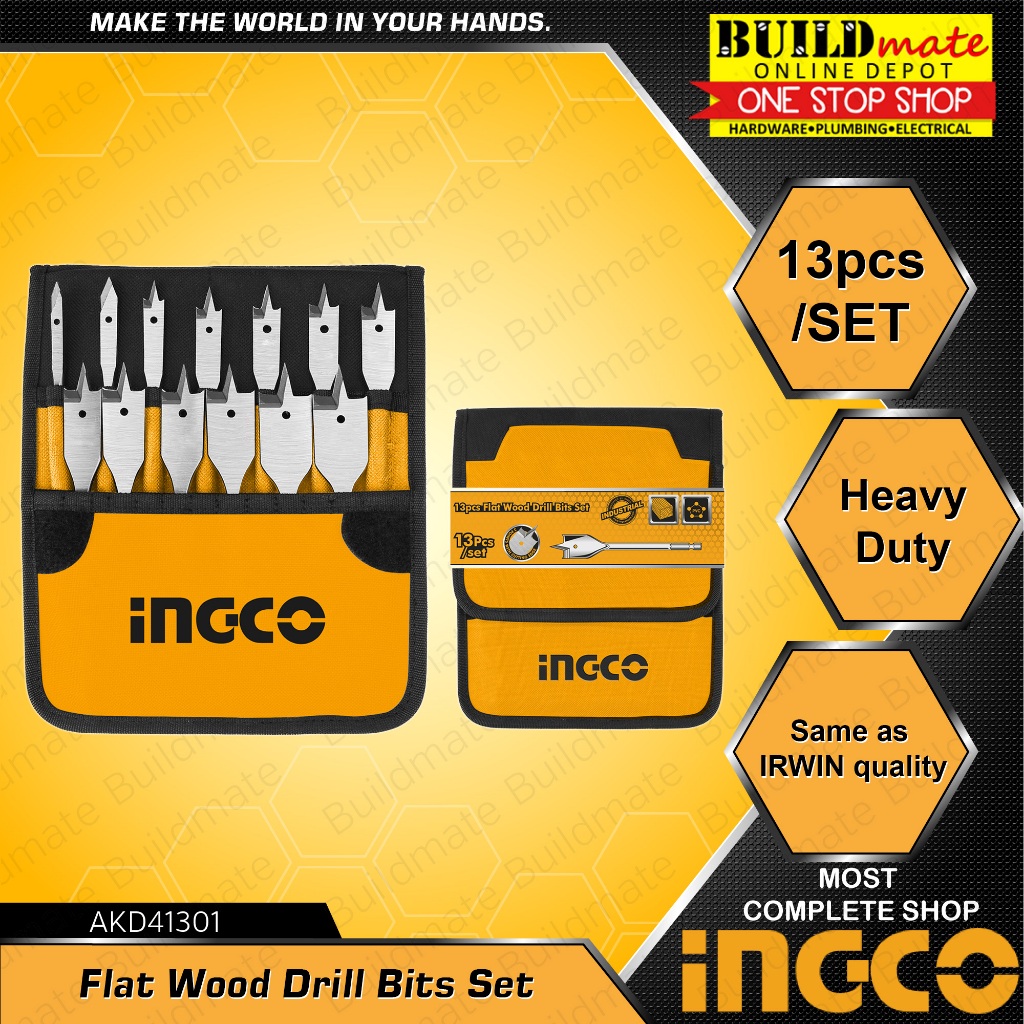 BUILDMATE Ingco Flat Wood Drill Bits Set 13PCS 1/4" Shank for Wood ...