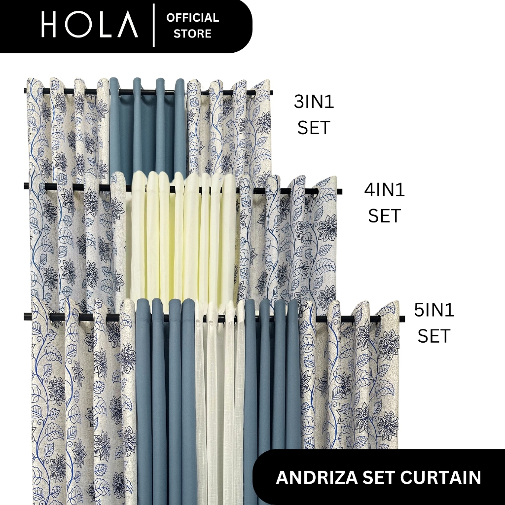 HOLA Non Blackout Printed Ring Curtains | 3in1 4in1 5in1 SET | Blue Design | Shopee Philippines