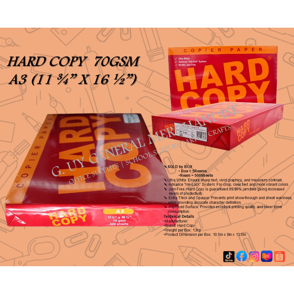 Hard Copy SIZE A3 70 GSM (500 sheets/ream) | Shopee Philippines