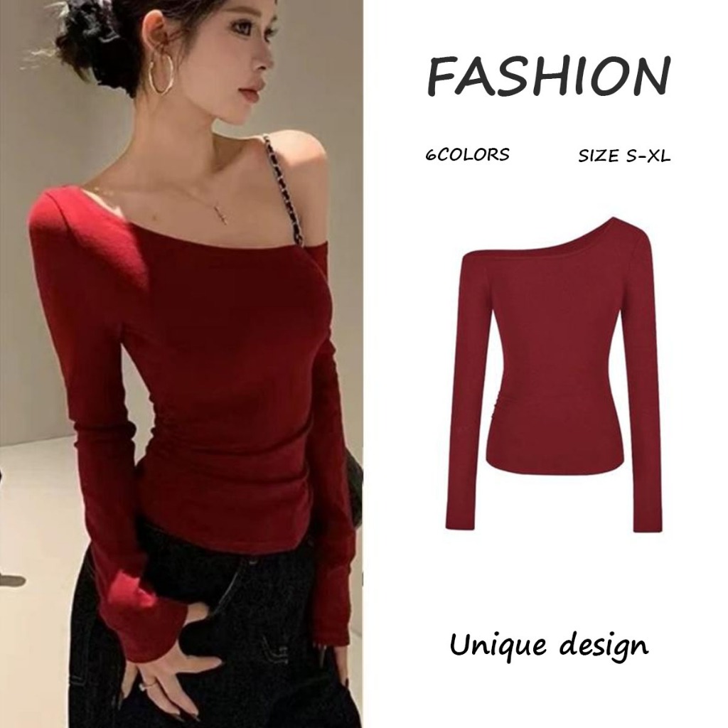 Chicbargain#Simple Basic Long Sleeve One Shoulder Off Shoulder T-shirt ...