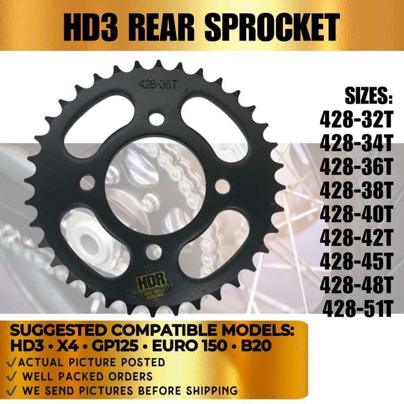 HDR (428) REAR SPROCKET FOR HD3 / X4 / GP125 / EURO 150 / B12O ...