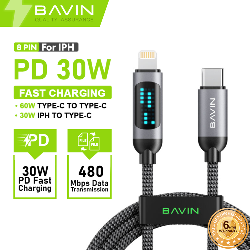 BAVIN CB377 30W / 60W PD Fast Charging Data Cable 1M w/ LED Display & Nylon Braided for Type-C ...
