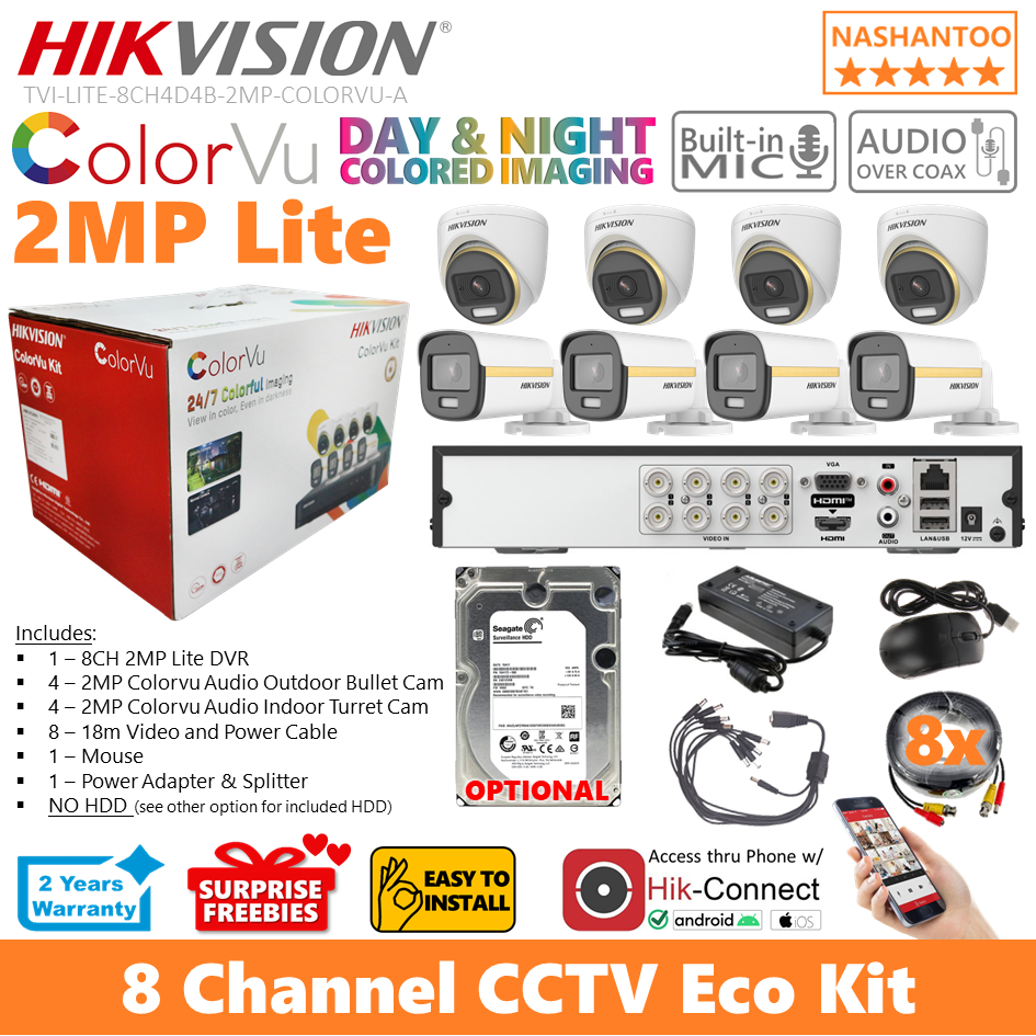 Hikvision TVI-LITE-8CH4D4B-2MP-COLORVU 8Channel 2MP Colorvu Audio Analog 8CH CCTV Package Kit ...