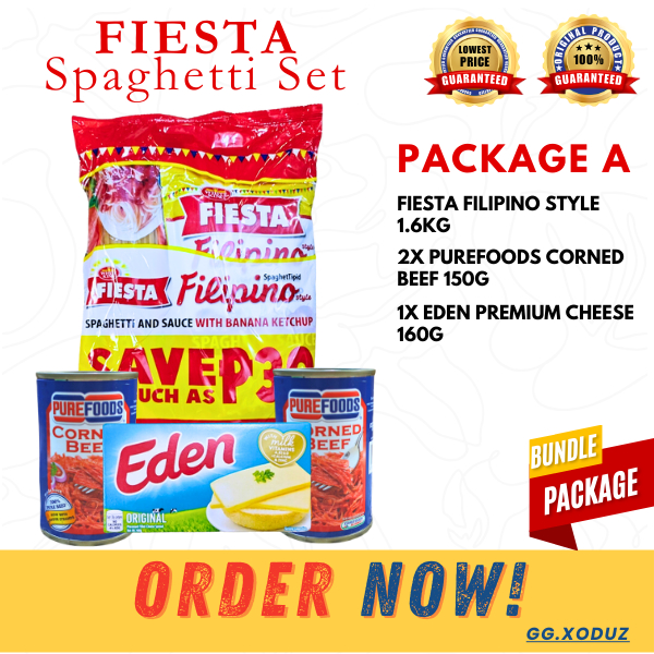Fiesta Spaghetti Set A: Bundle Filipino Style 1.6kg, 2x Purefoods Corned Beef 150g, Eden Cheese ...
