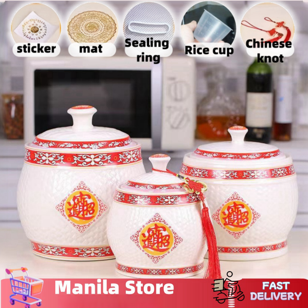 Big ceramic rice dispenser 5kg-15kg clay jar with cover porcelain rice ...