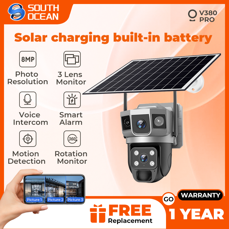 V380 Pro 3 Screen 2 Lens 8MP Solar CCTV Camera WIFI Wireless Outdoor ...
