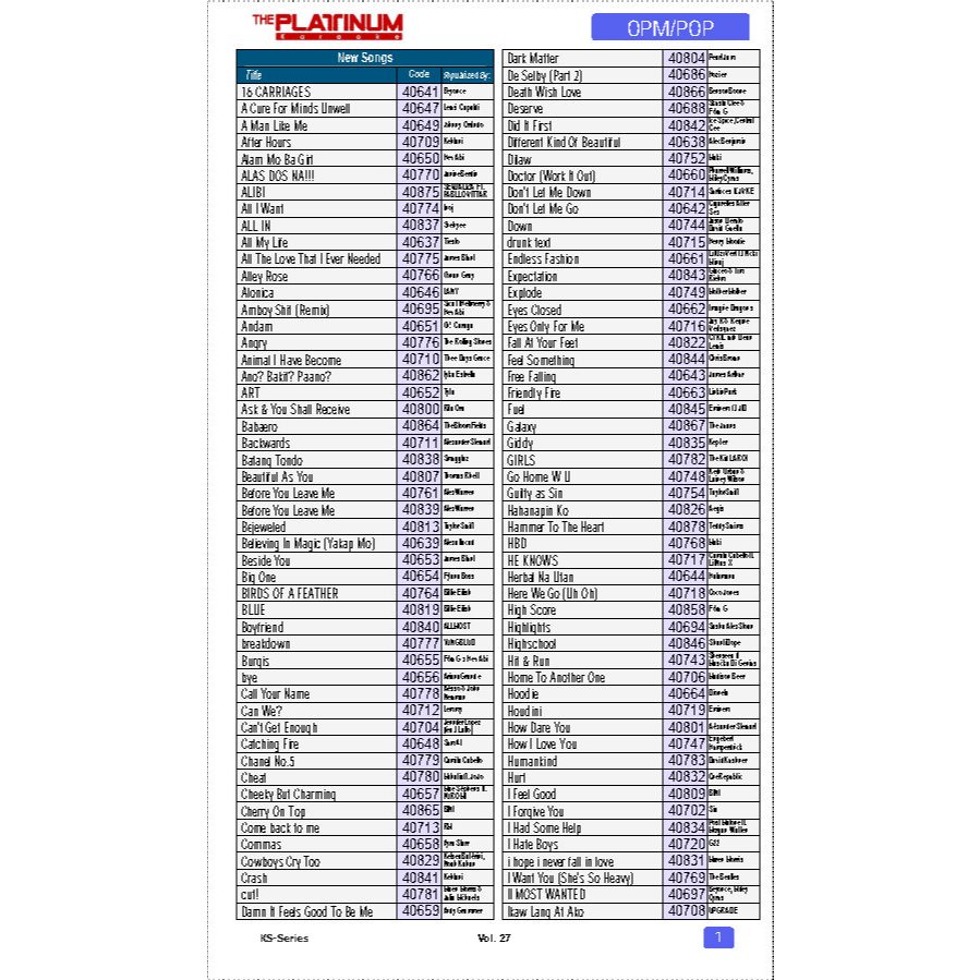Volume 20 to 27 Small Song Lists of Platinum KS-1 KS-5 KS-10 KS-10 Mini KS-100 Minibox DK-65 DK ...