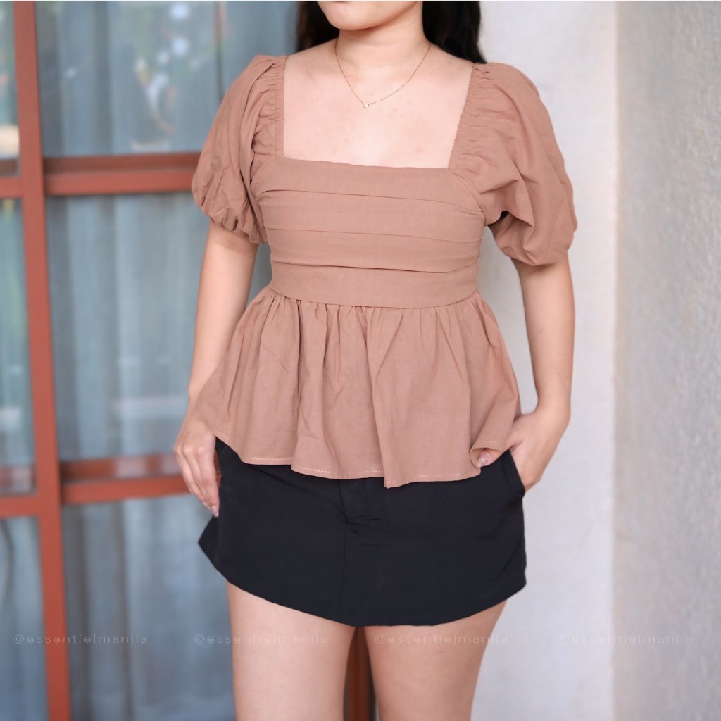 (REGULAR SIZE) Amara Puff Sleeves Pleated Peplum Top EM304 | Shopee Philippines