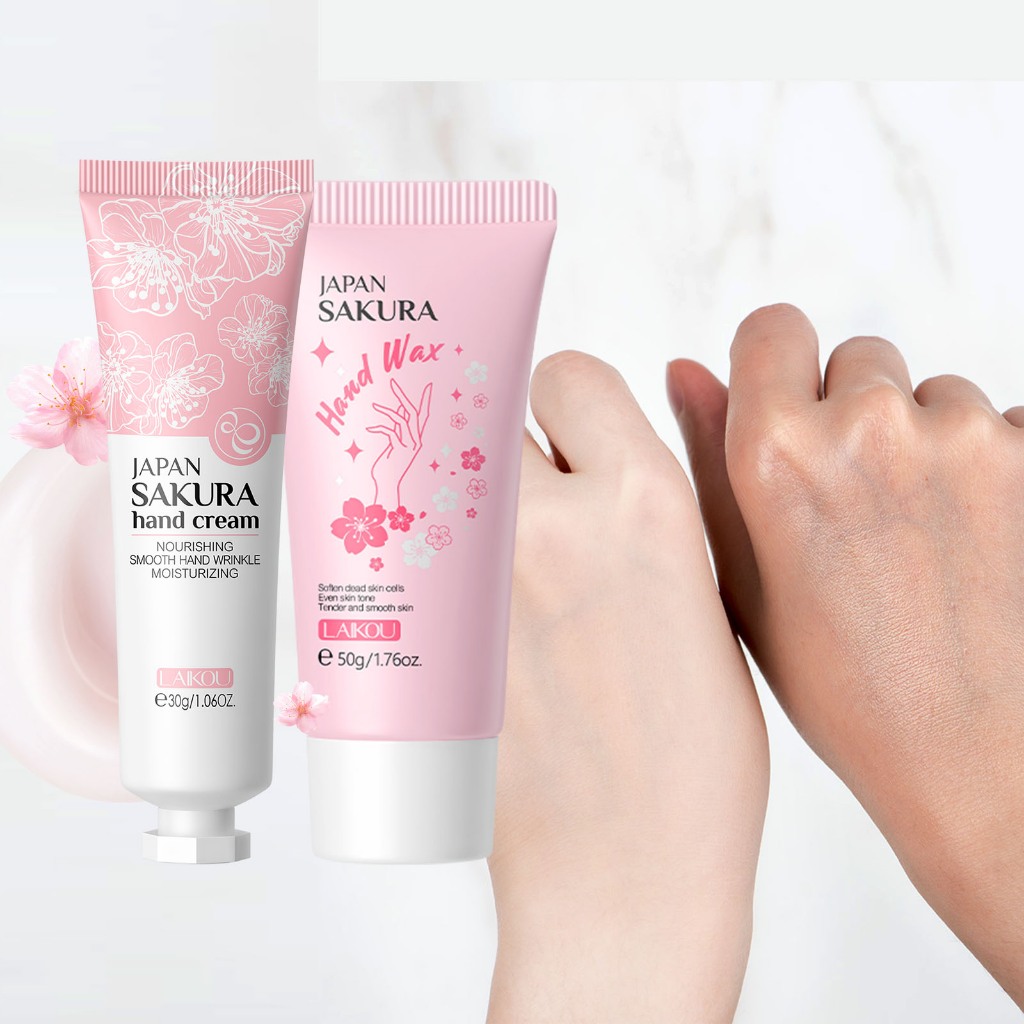 LAIKOU Japan Sakura Hand Cream 30g + Hand Wax 50g Brighten & Smooth Skin, Exfoliating ...