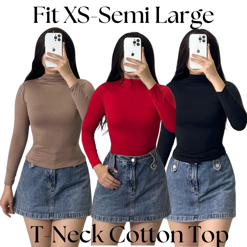 Turtle Neck Cotton Plain Long sleeve Top For Adult Woman Clothing Fit ...