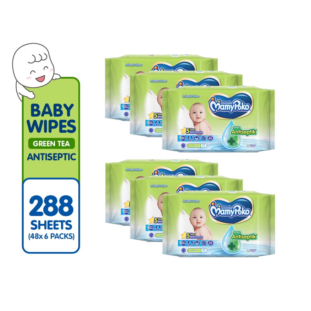 MAMYPOKO Antiseptic Baby Wipes with Green Tea Fragrance 48 pulls x 6 ...