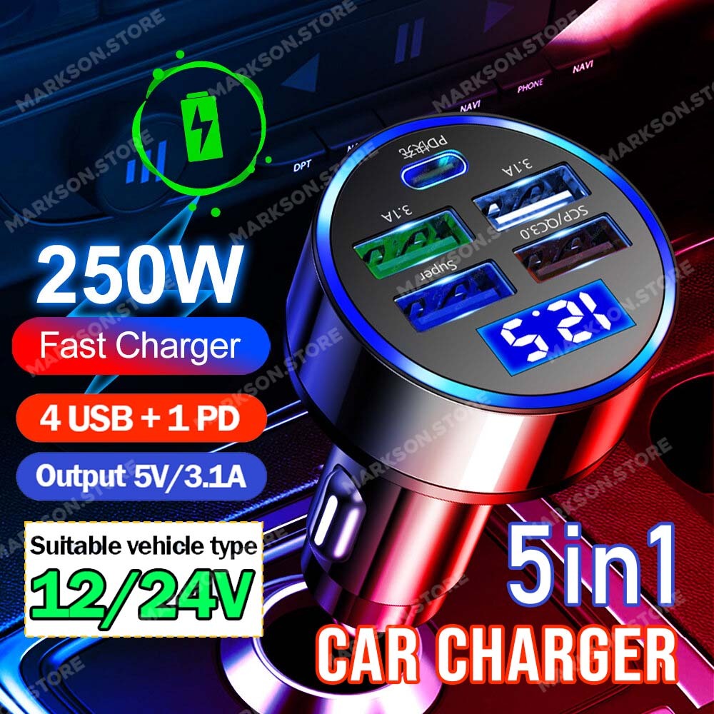 250W Car Charger 5 Ports USB Car Charger Fast Charging 3.1A Digital ...