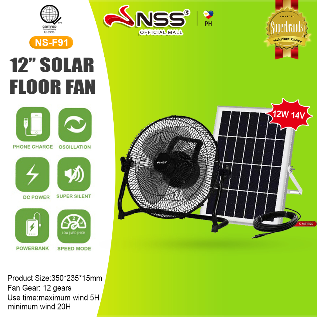 NSS 12 Inch Solar Floor Fan With Panel Rechargeable Solar Powered ...