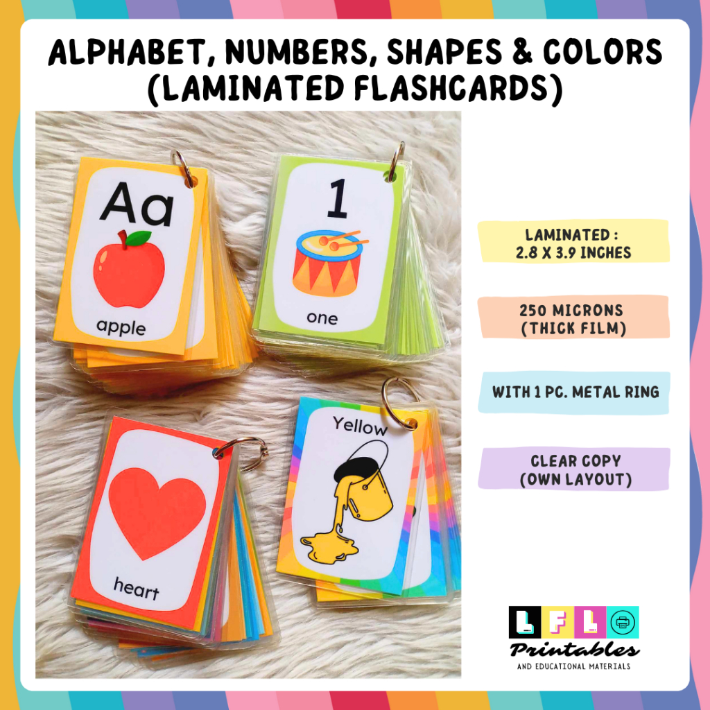 LAMINATED FLASHCARDS FOR KIDS, ALPHABET, NUMBERS 1-20, SHAPES AND ...