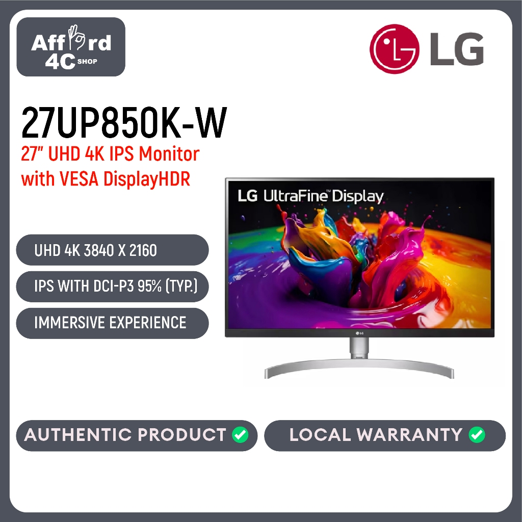 LG 27UP850K-W 27 inch UltraFine™ IPS Monitor with VESA DisplayHDR™ 400 ...