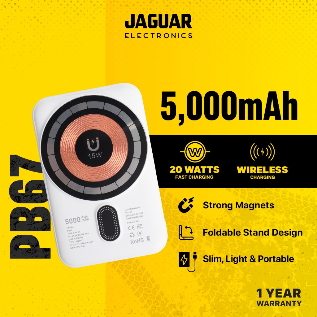 Jaguar Electronics PB67 Magnetic Wireless Power Bank with Foldable Stand PD20W 5000mAh Strong ...