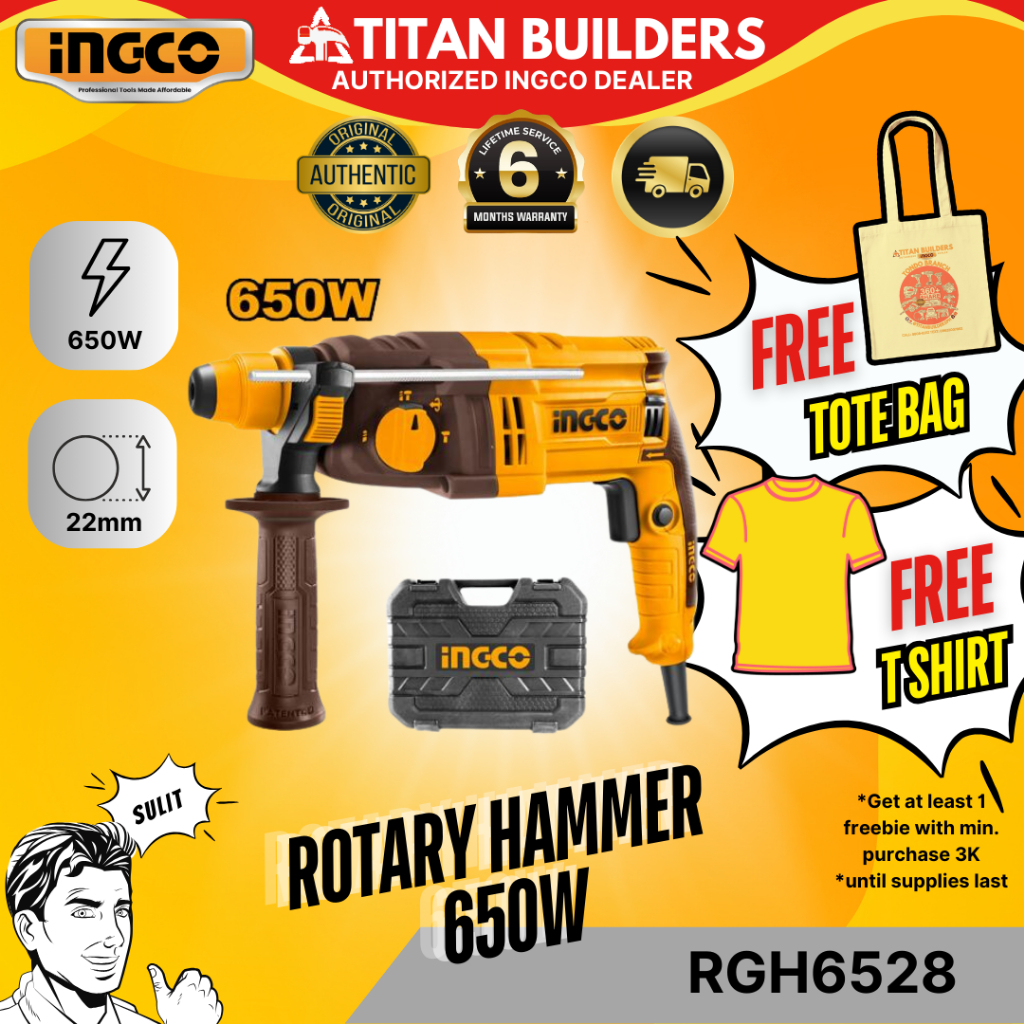 Ingco by Titan Rotary Hammer 650W 1.7J, 22mm Concrete with SDS Plus and ...